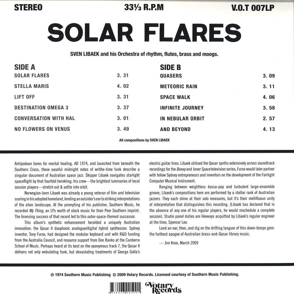 Sven Libaek - Solar Flares / Votary Records VOT007LP- Vinyl